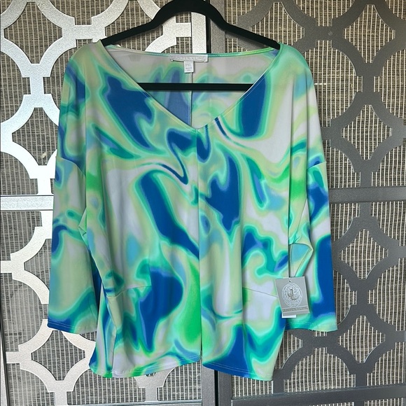 Juniper + Lime | Tops | Relaxed Asymmetrical Blue And Green Blouse With ...
